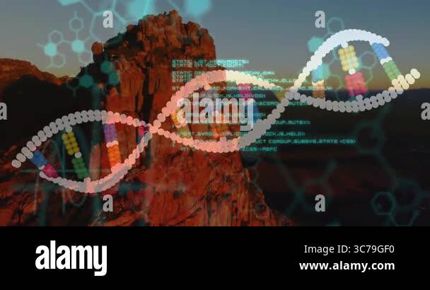DNA helix and data animation over rocky mountain landscape at sunset ...