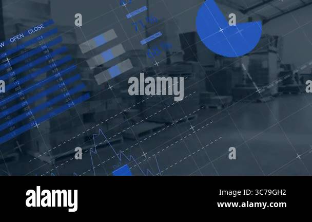 Animation of blue pie chart and map over industrial landscape with grid ...