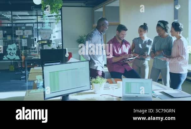 Diverse team collaborating in modern office with digital data overlay animation. Collaboration ...