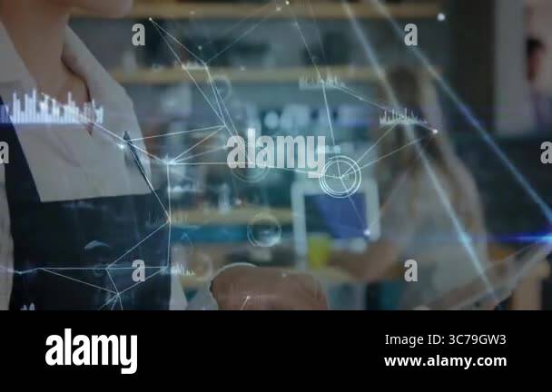 Network of connections and data processing animation over person in ...