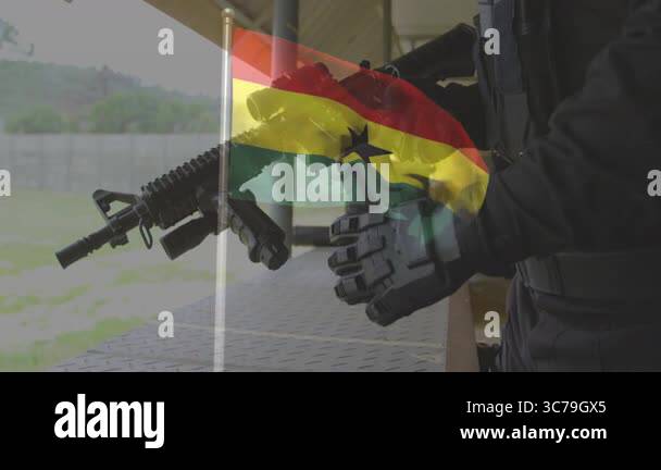Handling rifles, soldiers training with Ghana flag overlay in animation ...