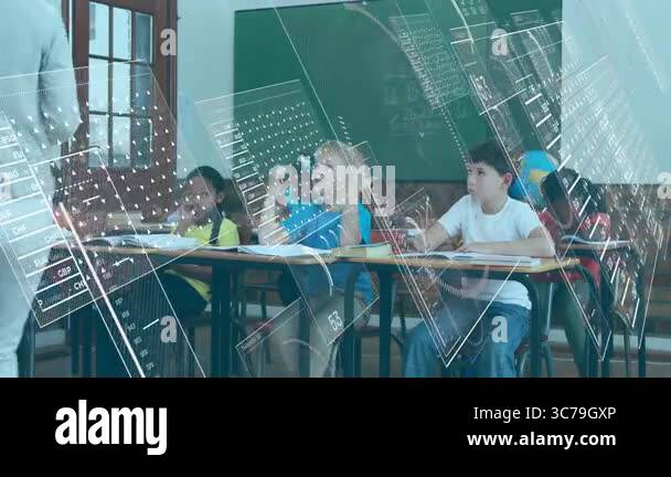 In school, children interacting with animation of futuristic digital ...