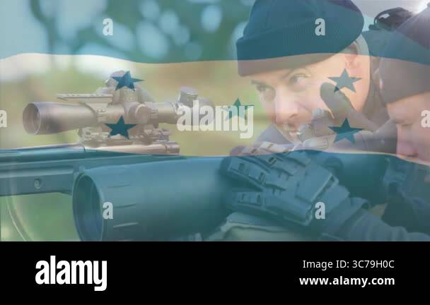 Aiming rifles, two people with Honduras flag animation overlay in ...