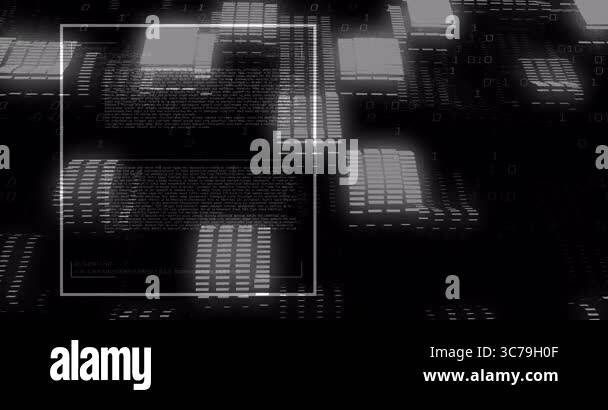 Animation of digital data and binary code overlaying geometric shapes in monochrome. Technology ...