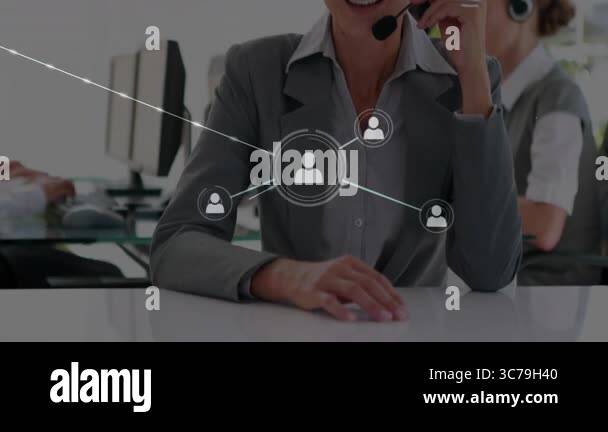 Working in office, customer service team handling network connections ...