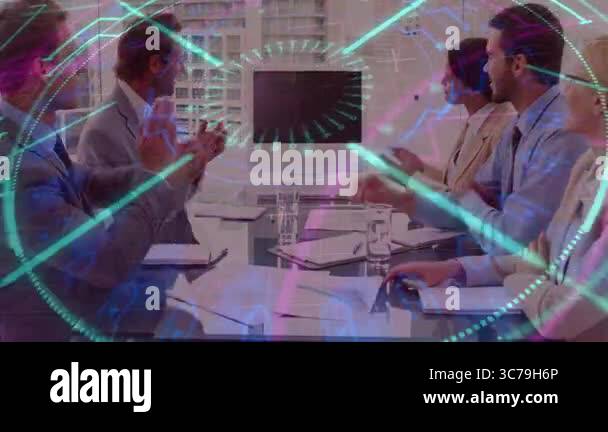 Business team clapping in office with digital interface animation ...