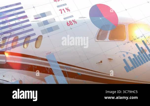 Animation of airplane with financial charts and graphs overlaying ...