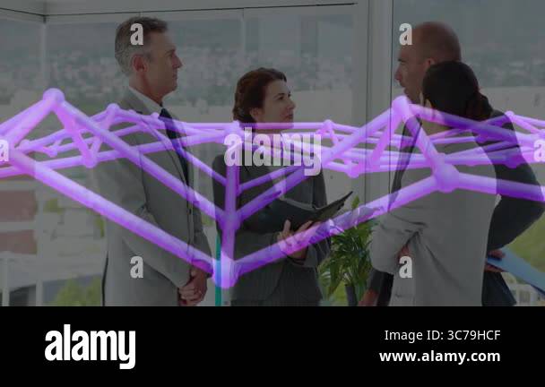 Discussing business, professionals with purple network connections ...