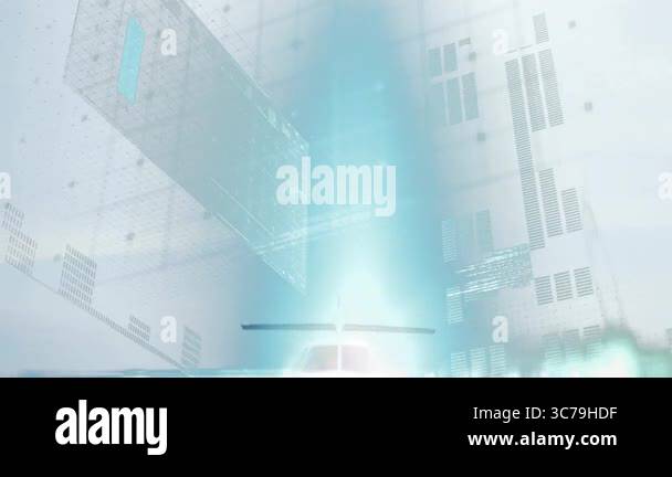 Private jet on runway with financial data processing animation overlay ...