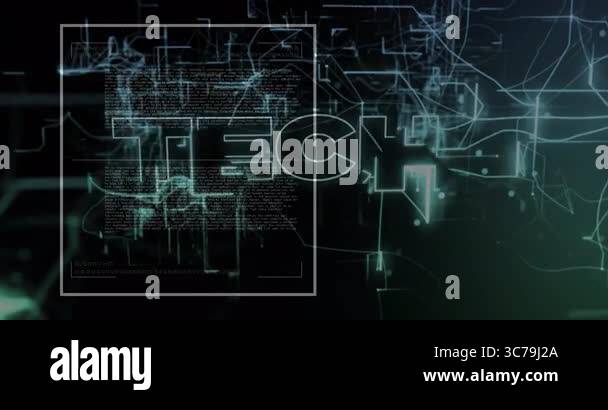 Digital network and data processing animation with glowing TECH text ...