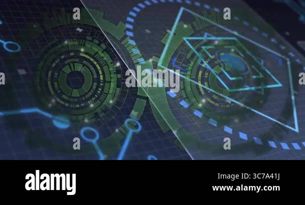Rotating green and blue geometric patterns in futuristic digital animation interface. Abstract ...