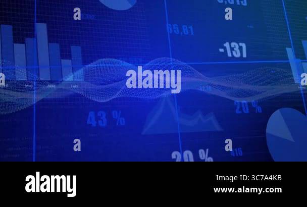 Animation of financial data with graphs and charts on blue background ...