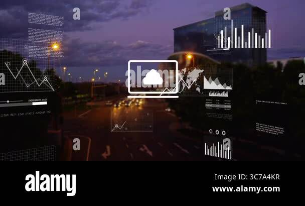 Animation of data visualization graphics overlaying cityscape with ...