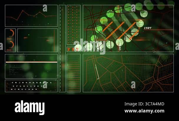Animation featuring digital interface with graphs, maps, and green circular data. Technology ...