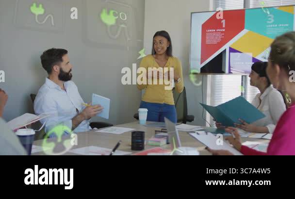 Discussing eco-friendly animation, business team in meeting with ...