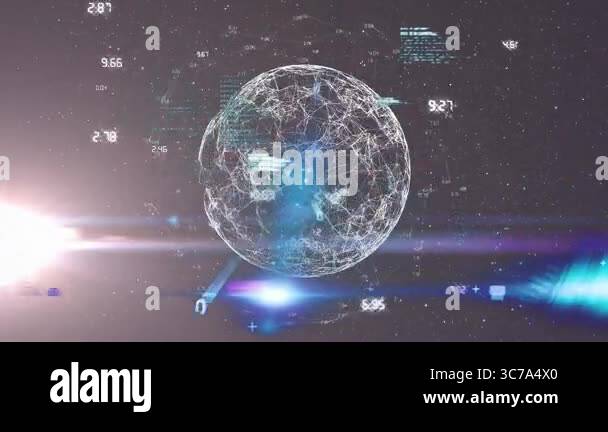Digital animation of globe with network connections and coding text in ...