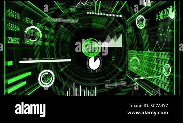 Animation of futuristic green data visualizations and graphs in tunnel ...