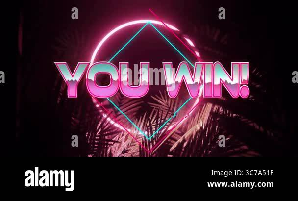 Glowing animation of You Win! text over tropical leaves and geometric ...