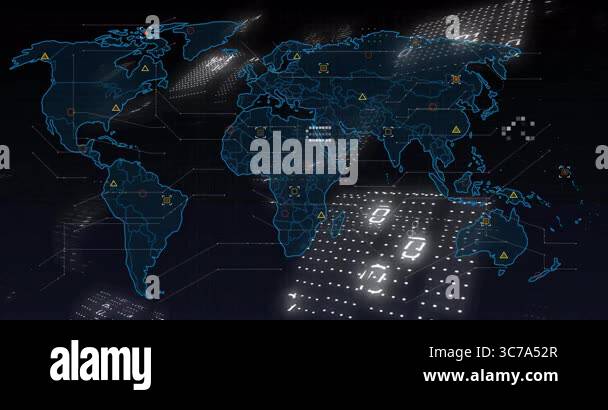 Binary code overlaying continents in animation of world map with ...