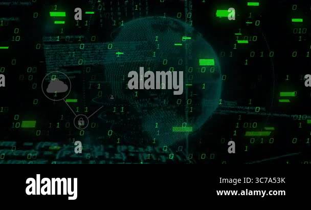 Overlaying globe, animation of digital data and binary code with ...