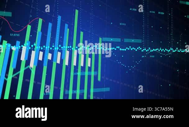 Financial data analysis with bar and line graphs on blue digital ...