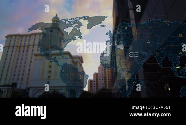 World map with data processing animation over cityscape at sunset ...