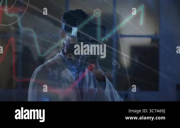 Wearing VR headset, person experiencing digital network animation in ...