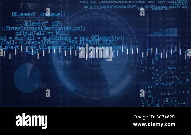 Digital code and data processing animation with blue text and numbers. Technology, cyberspace ...