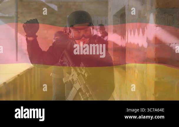 Military personnel in tactical gear with German flag animation overlay ...