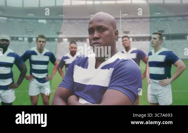 Standing together on field, rugby team with animation shapes overlay ...