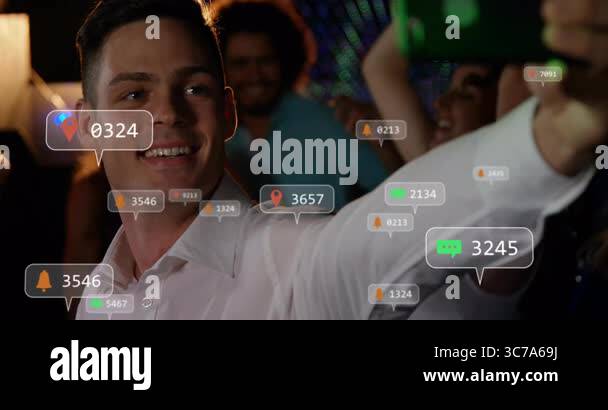 Animation of people at party with social media notifications and ...