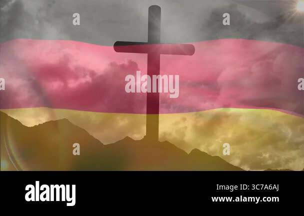 Cross silhouette over German flag and cloudy sky, symbolizing faith and ...