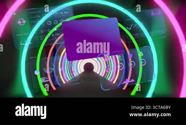 Colorful digital interface with data charts and graphs over neon tunnel ...
