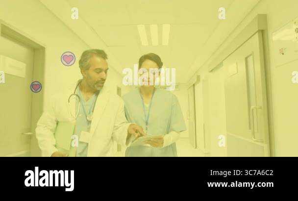 Discussing patient information, doctors in animation with heart icons ...