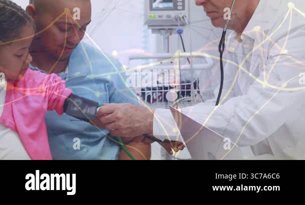 Doctor checking blood pressure of child with medical data animation ...