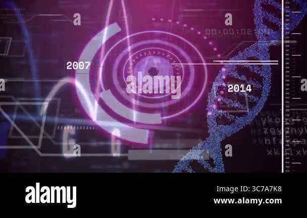 Digital timeline with DNA strand and futuristic data processing ...
