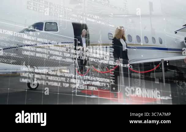 Business professionals exiting private jet with data processing ...