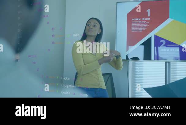 Presenting data with coding animation overlay, businesswoman in office ...