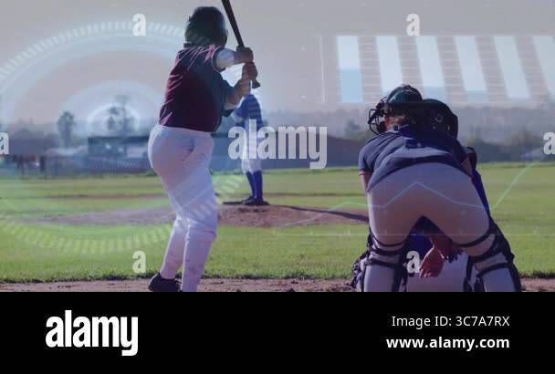 Baseball players in action with digital data processing animation ...