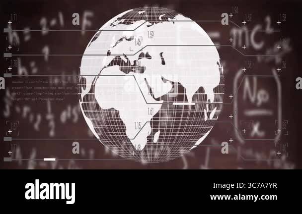 Animation of rotating globe with data points over chalkboard equations ...