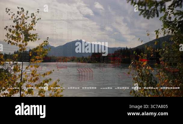 Animation of digital data and red wireframe structures over mountain ...
