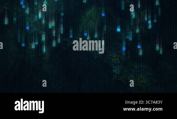Animation of binary code and blue squares cascading over digital matrix ...