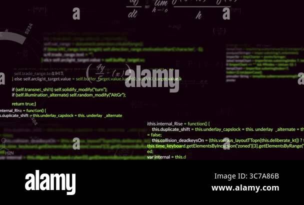 Animation of green code snippets and functions with equations on dark background. Programming ...