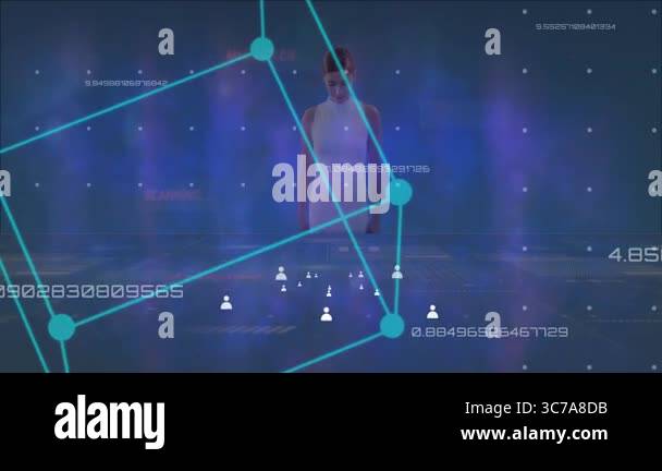 Interacting with animation, woman exploring digital network and data ...
