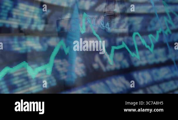 Financial data and stock market graph animation over blurred blue text ...