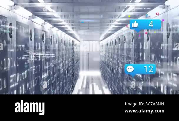 Animation of social media notification icons floating above servers in data center. Technology ...