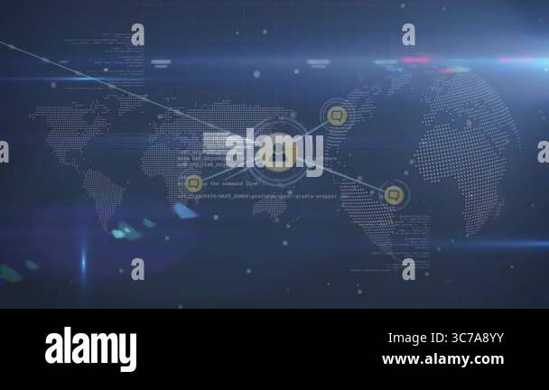 Network of connections and data processing animation over world map ...