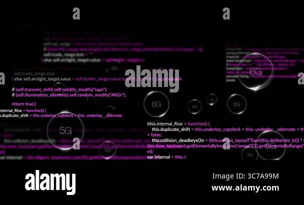 Animation of programming code with 5G symbols on dark background with ...