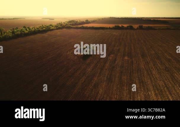 aerial view of calm rural landscape with cultivated fields at sunset ...