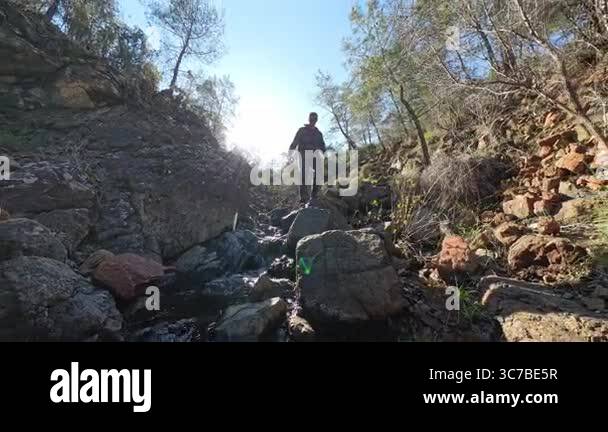 A Man Walking on Rocks Above a Small Stream in a Mountainous Forest ...